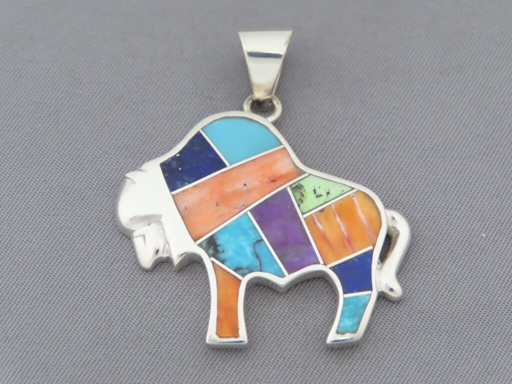 Inlaid Multi-Color Bison Pendant - Inlay Buffalo Pendant - Navajo Jewelry