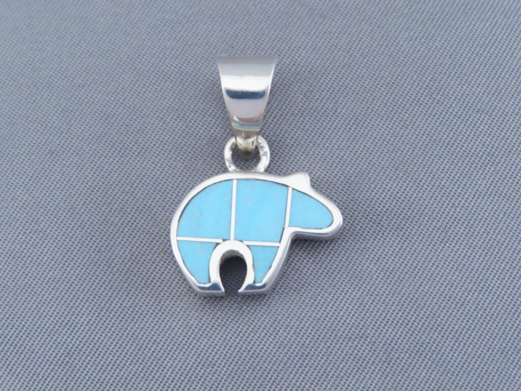 Turquoise Inlay Bear Pendant (small) - Navajo Jewelry - Turquoise Bear